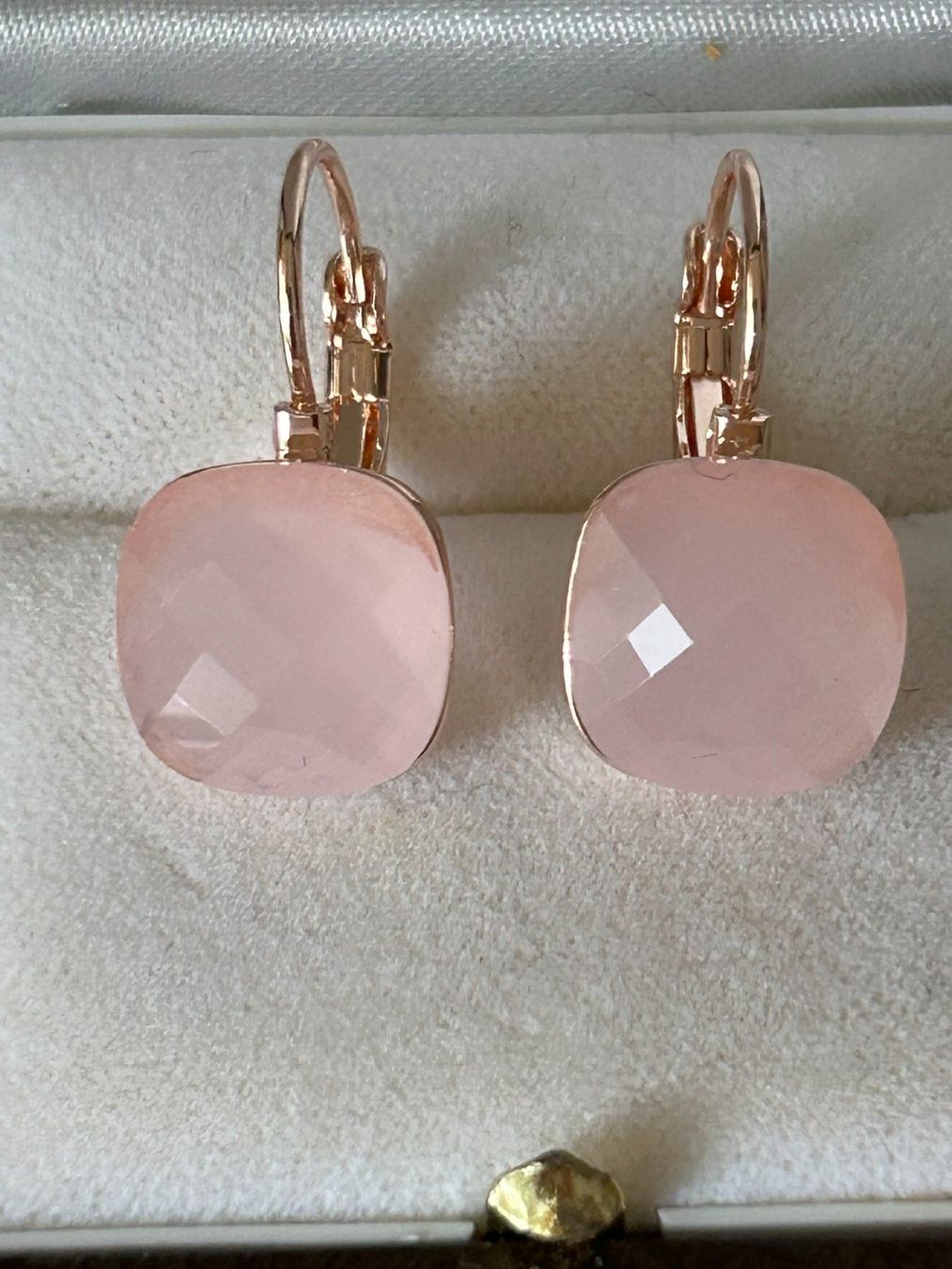Boucle oreille pendentif métal doré cristal rose carré neuf (Neuf (Voir ...