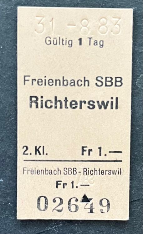 Freienbach SBB Richterswil 1983/ Billett (Gebraucht) in Wabern für CHF 2 – mit Lieferung auf ...
