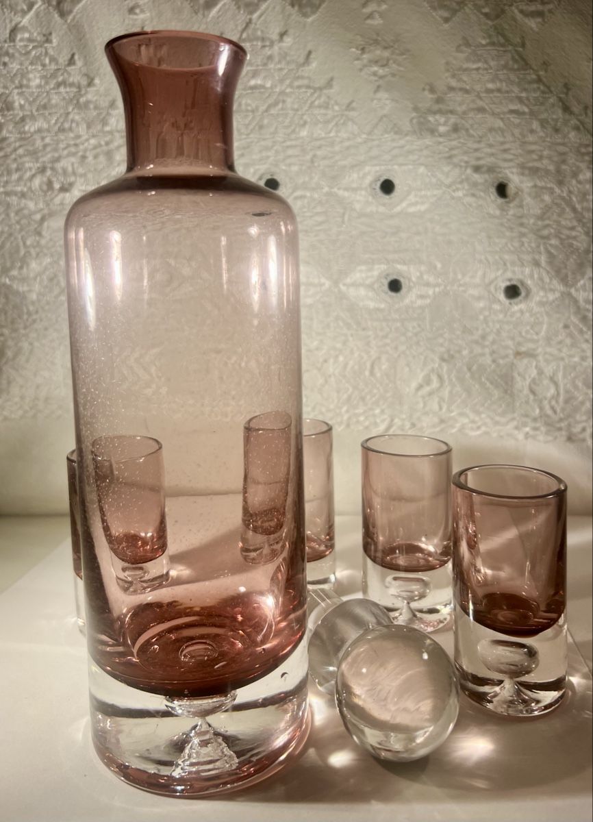 Service liqueur mauve carafe verre soufflé 4 verres assortis (D ...