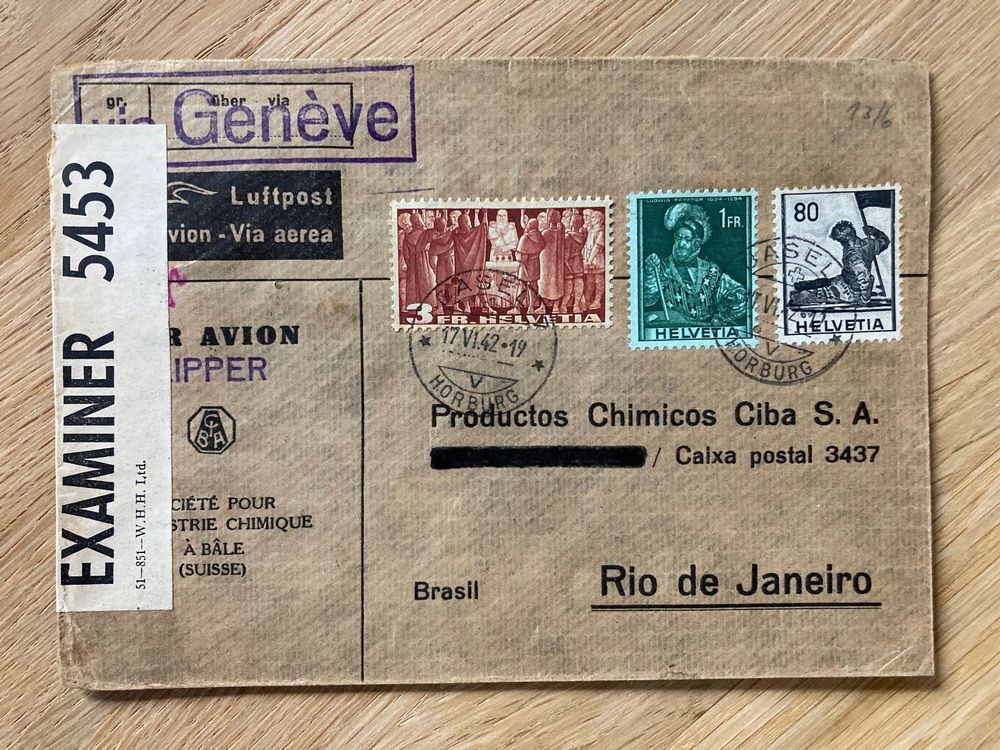 Flugpostbrief 1942 Zensur , Ciba , nach Rio (Gebraucht) in Aesch BL für ...