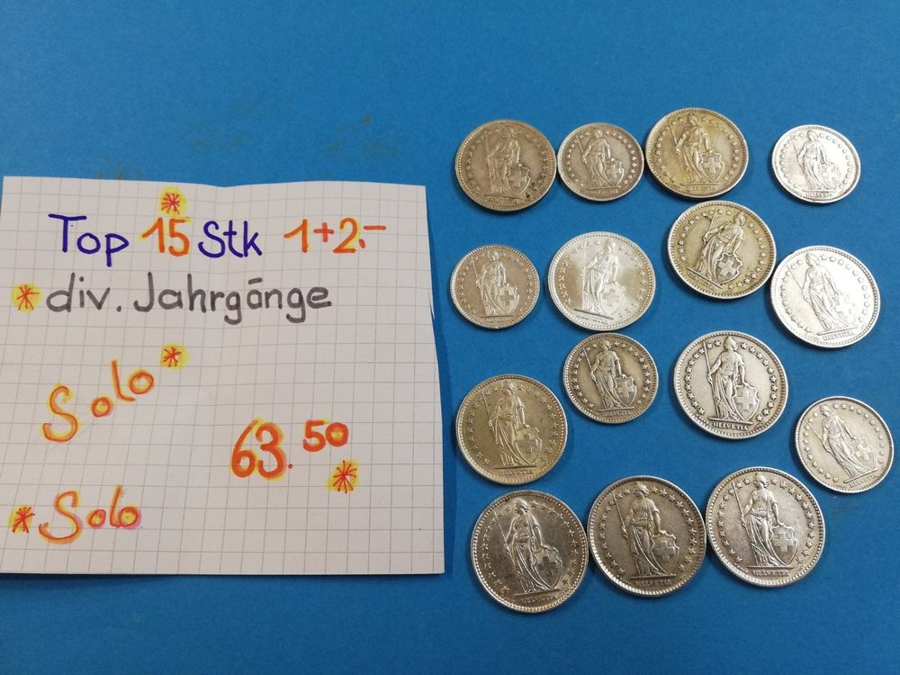 Schweizer Silbermünzen 15 Stk. 1Fr. +2Fr. div Jahrgänge!! | Kaufen auf Ricardo