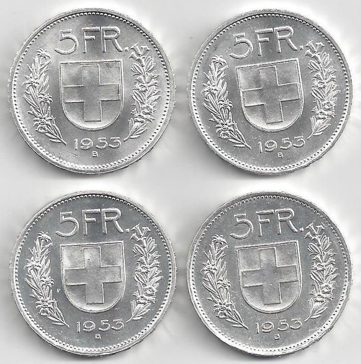 4 schöne Schweizer Silber 5 Franken-Münzen alle von 1953 (Gebraucht) in Zürich für CHF 36 – mit ...