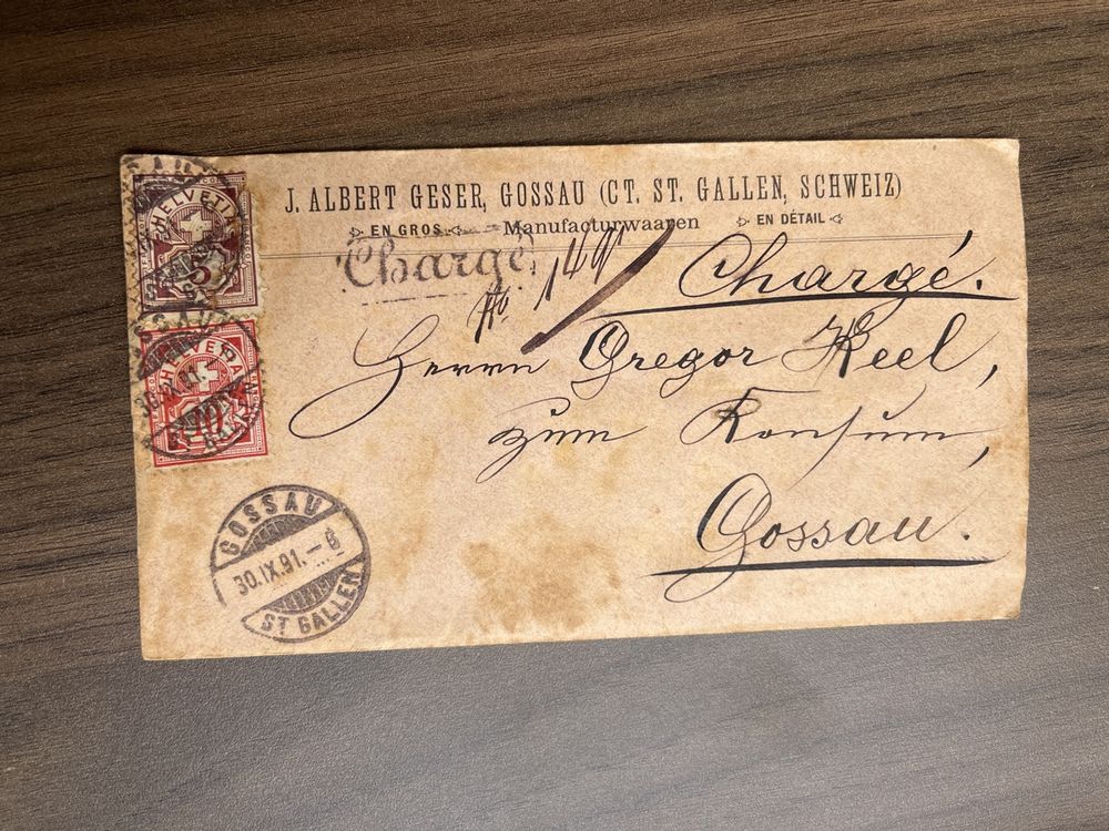 Alter Briefumschlag von 1891 „GOSSAU“ (Gebraucht) in Mägenwil für CHF 1 ...