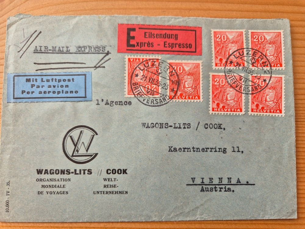 CH-Express Brief Luzern-Wien aus 1936 mit Vignette gem.Bild (Gebraucht) in Oberuzwil für CHF 22 ...