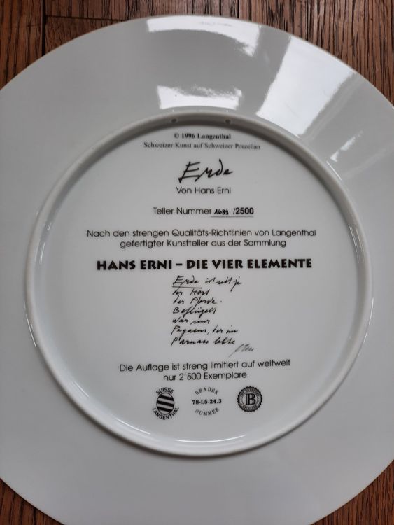 Hans Erni Teller Set (limitiert) Luft/Wasser/Erde/Feuer (Gebraucht) in Gutenburg für CHF 60 ...
