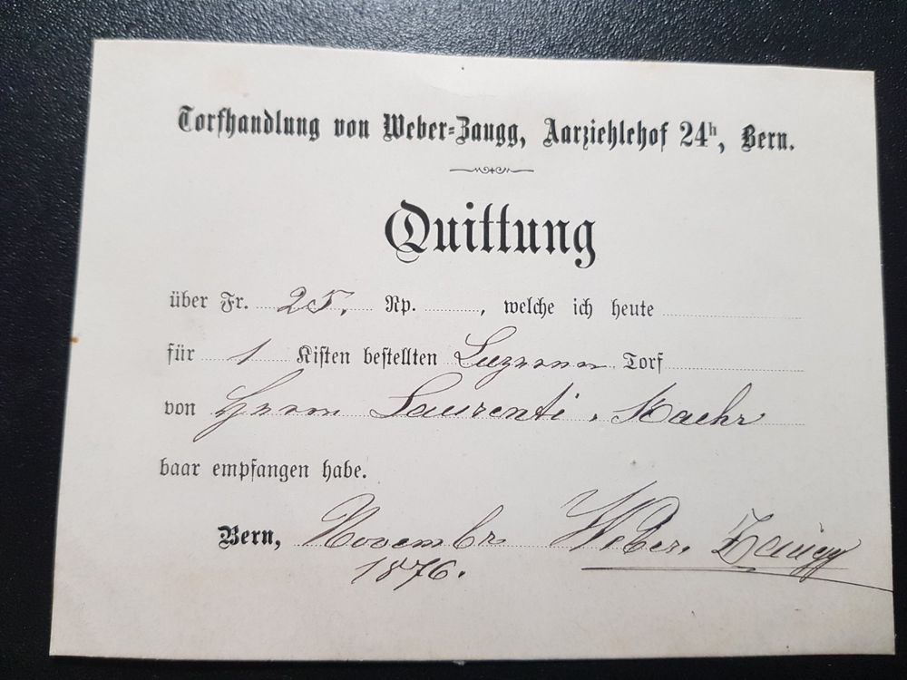 uralte Quittung 1876 Torfhandlung von Weber-Zaugg, Bern (Gebraucht) in Walterswil BE für CHF 1 ...