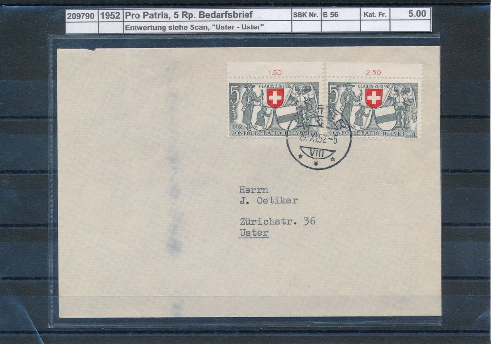 1952 Pro Patria - 5 Rp., Bedarfsbrief "Uster - Uster" | Kaufen auf Ricardo