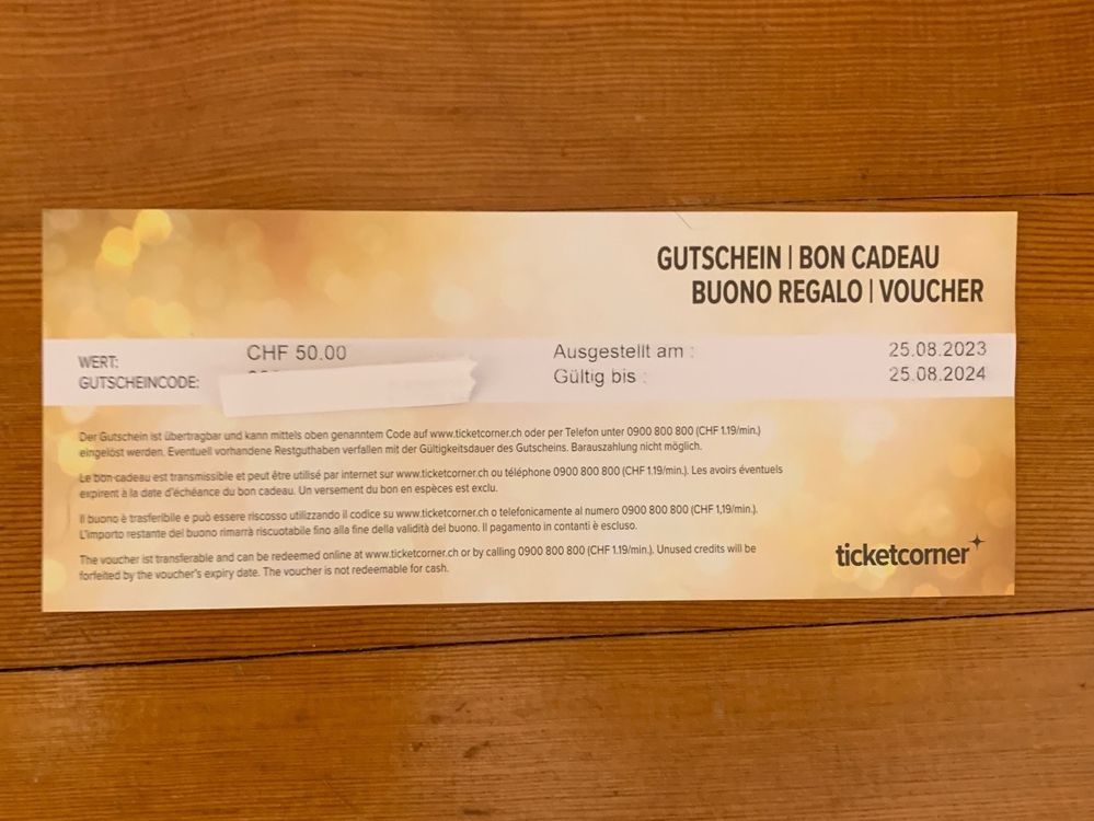 Ticketcorner Gutschein CHF 50.- gültig bis 25.08.2024 (Neu (gemäss ...