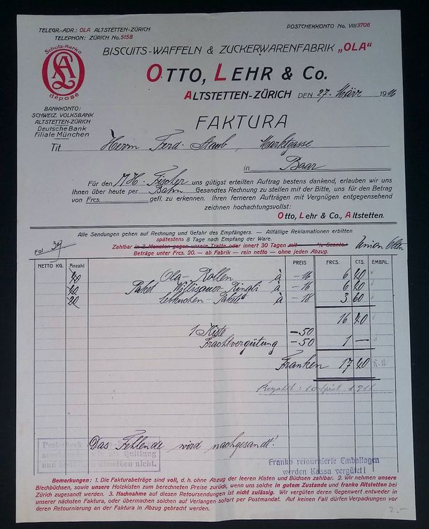 Otto Lehr OLA Biscuits Zürich Altstetten Briefkopf 1916 (Gebraucht) in ...