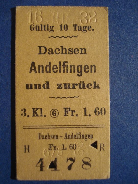 SBB - 16.7.1938 - DACHSEN - ANDELFINGEN - 3.Klasse (Gebraucht) in Biel/Bienne für CHF 22 – mit ...
