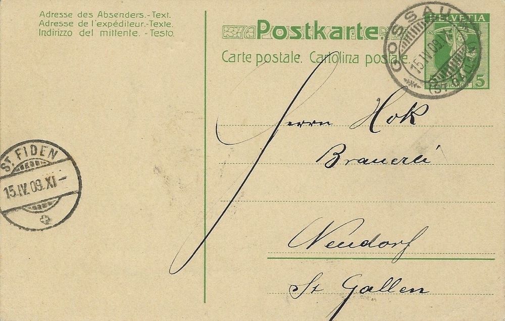 Postkarte an Herrn Hock Brauerei Neudorf St. Gallen (Gebraucht) in ...