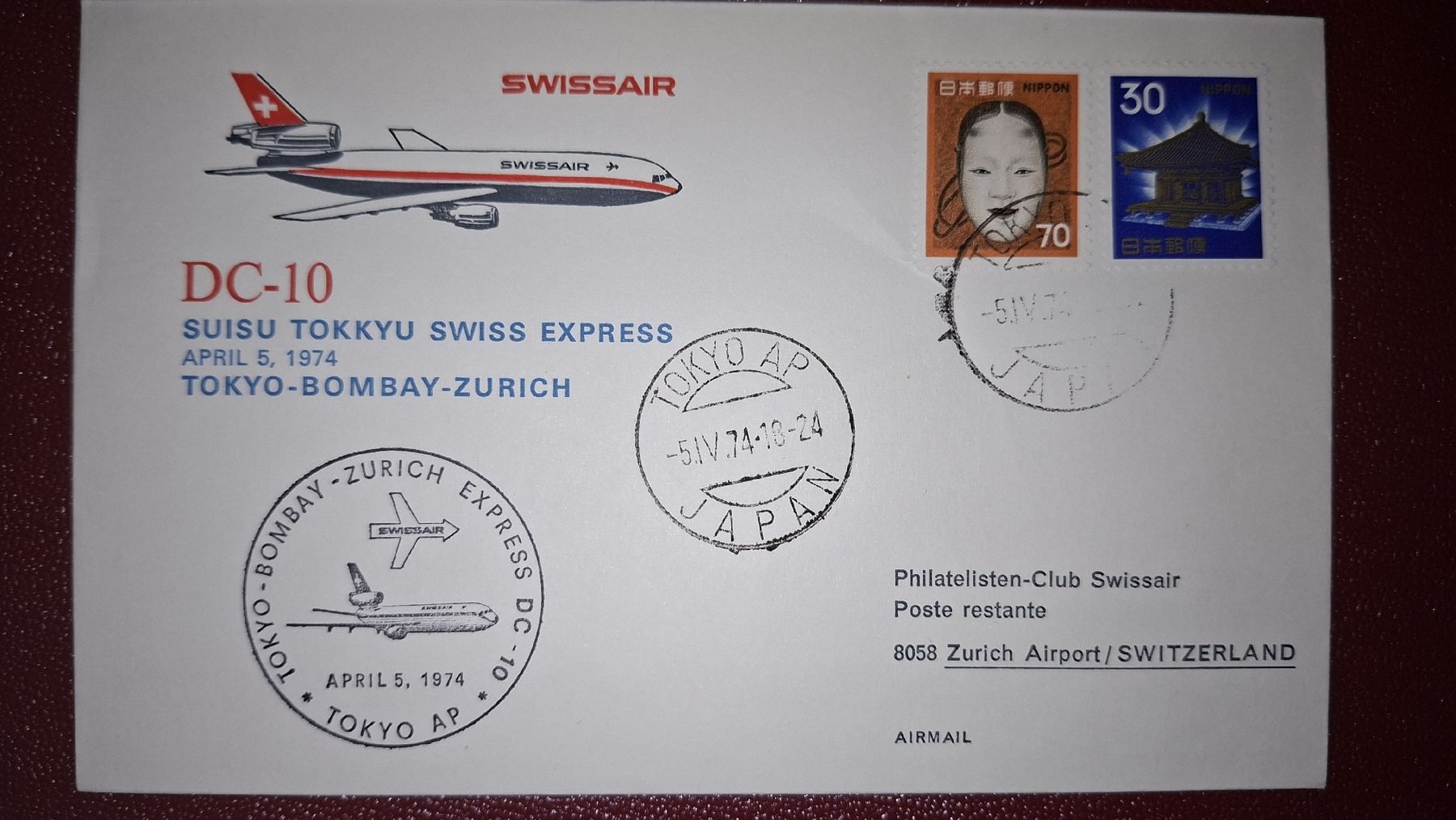 Swissair Tokyo - Bombay Zürich 05.04.1974 (D'occasion) à Balgach pour ...