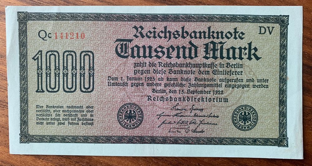 Reichsbanknote 1000 Mark 1922 SS (Gebraucht) in Opfikon für CHF 2 – mit ...