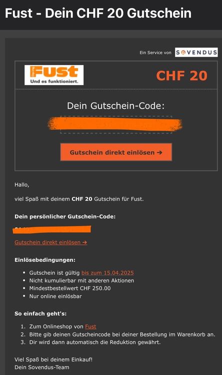 Fust - CHF 20 Gutschein (Neu und originalverpackt) in St. Gallen für CHF 2 – mit Lieferung auf ...