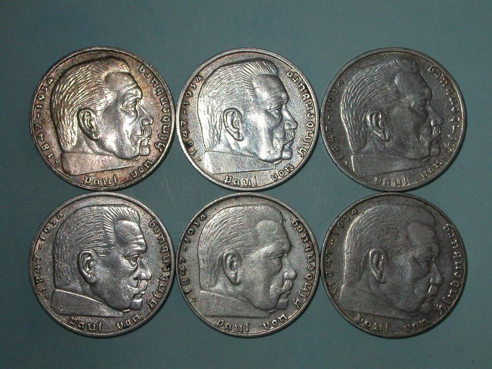 Lot 1939, 6 x 2 Reichsmark, Paul von Hindenburg, à 8gr/625er (Gebraucht ...