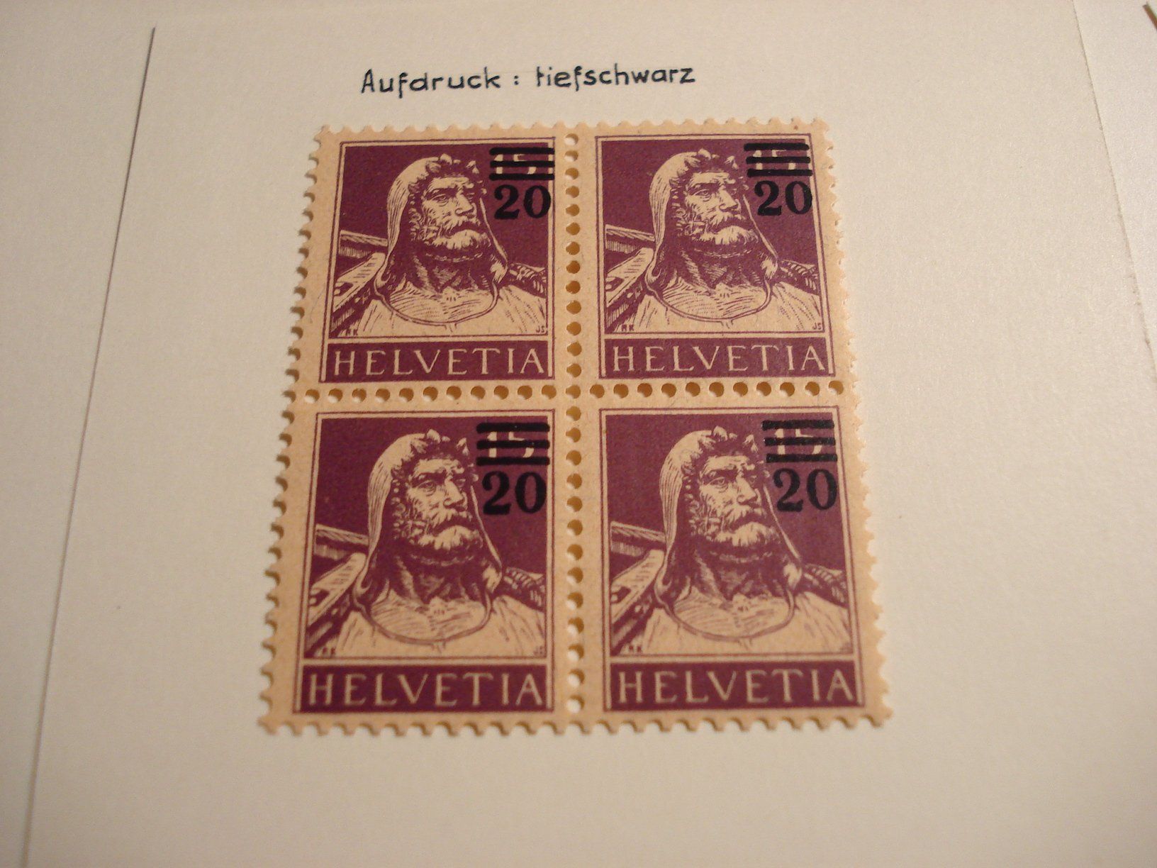 4erblock Tell, mit Überdruck, Tiefschwarz, 20 Rp, ** (Gebraucht) in Niederwil AG für CHF 1 – mit ...