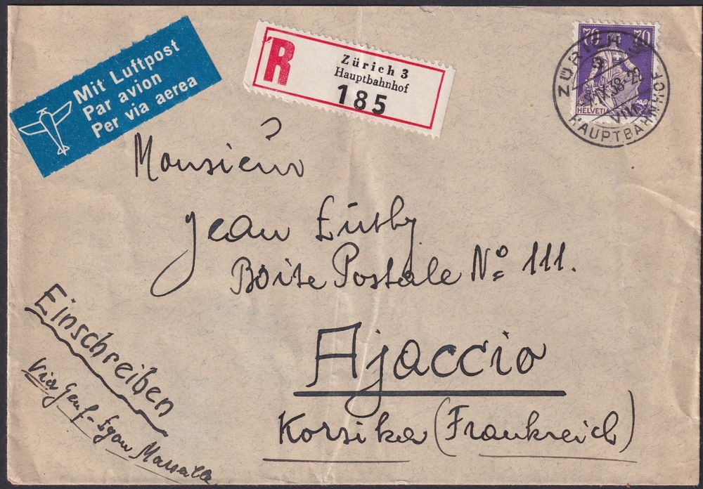 KORSIKA (FR) Luftpost-R-Brief 1938 mit Nr.162z, gute Destin. (Gebraucht) in Sursee für CHF 28.5 ...