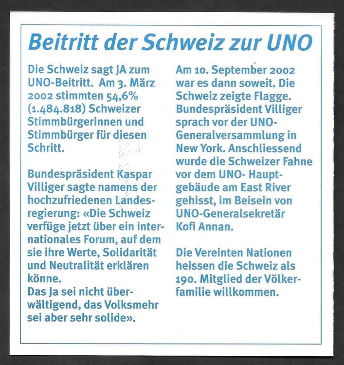 Folder 1059 UNO Genf 465 Beitritt der Schweiz zur UNO 2002 | Kaufen auf Ricardo
