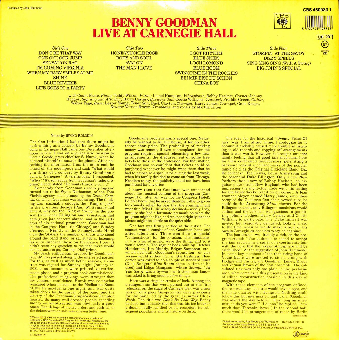 LP: Benny Goodman live at Carnegie Hall - 2LPs (Gebraucht) in Trimmis ...