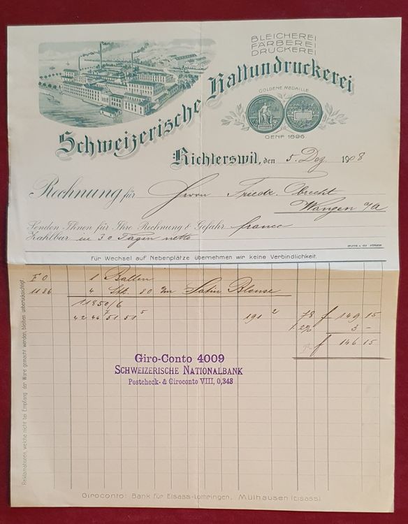 Richterswil 1908 - Litho Briefkopf, Schweiz. Kattundruckerei (Gebraucht) in Kreuzlingen für CHF ...