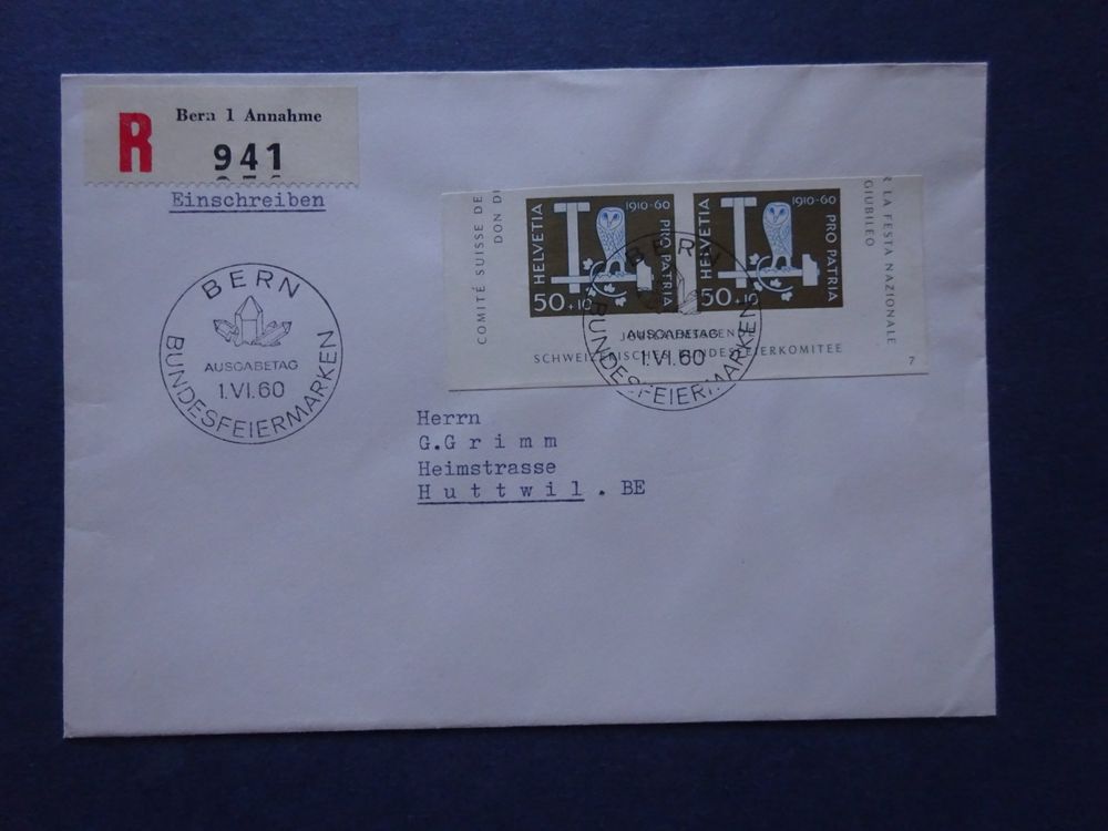 1960 Pro Patria Blockausschnitt (2er) FDC (Gebraucht) in Appenzell-Steinegg für CHF 20 – mit ...