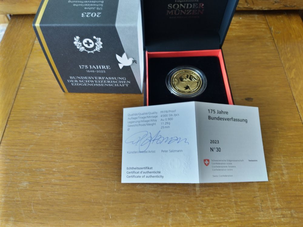 50 Franken Goldmünze 175 Jahre Bundesverfassung 2023 (Neu und ...
