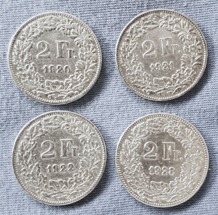 4 x 2 Franken Silbermünzen 1920-1921-1922-1928 ab nur 1 Fr ! | Kaufen auf Ricardo