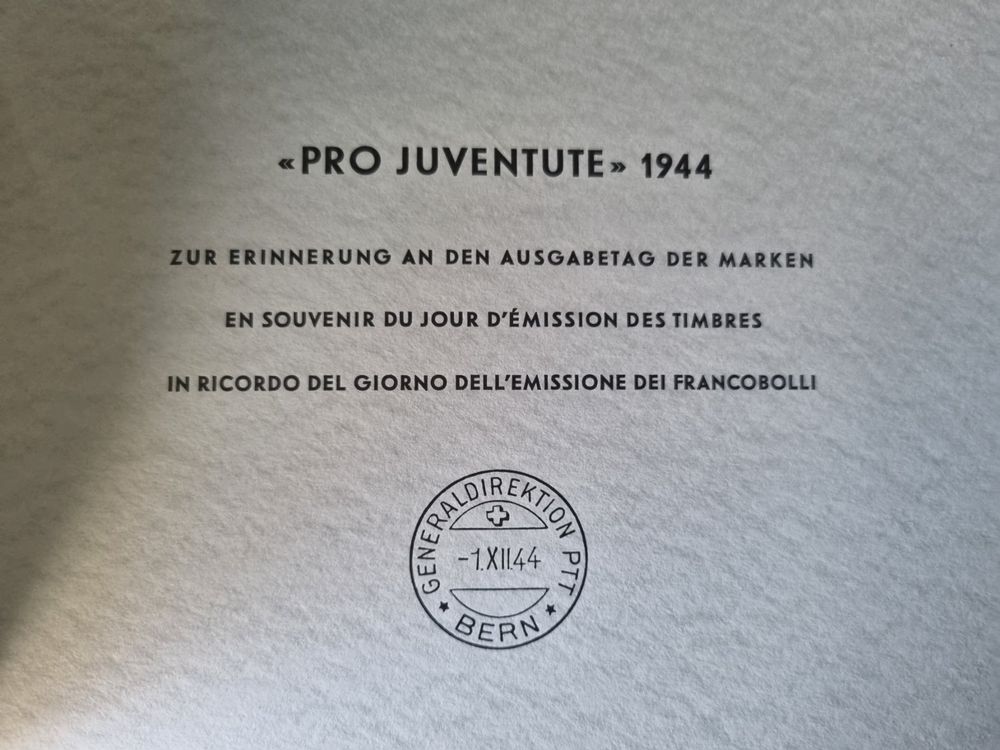 1944 : Pro Juventute Serie im VB - Ersttag in PTT Heft (Gebraucht) in Gümligen für CHF 25 – mit ...