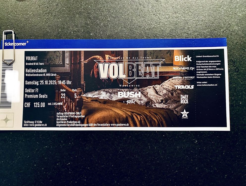 VOLBEAT 25.10.2025 Premium Seat 1 ticket (Neu und originalverpackt) in ...