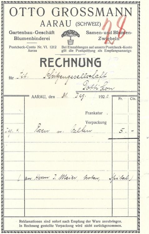 Alte Rechnung Otto Grossmann Aarau 1920 (Gebraucht) in Fislisbach für CHF 5 – mit Lieferung auf ...