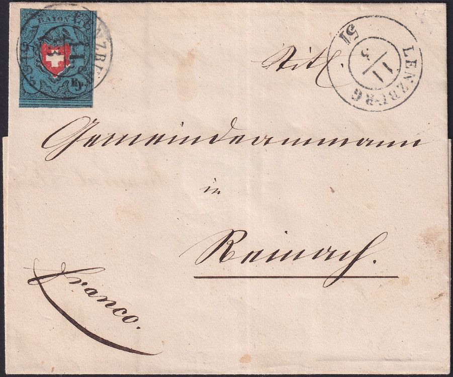 LENZBURG 1851, archivfrischer Beleg mit 15II nach REINACH (Gebraucht ...