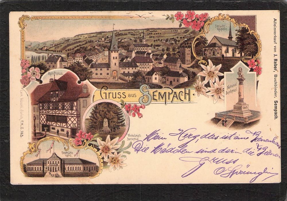 Lithografie : Gruss aus Sempach LU , gel. 1899 (Gebraucht) in Reichenburg für CHF 33 – mit ...