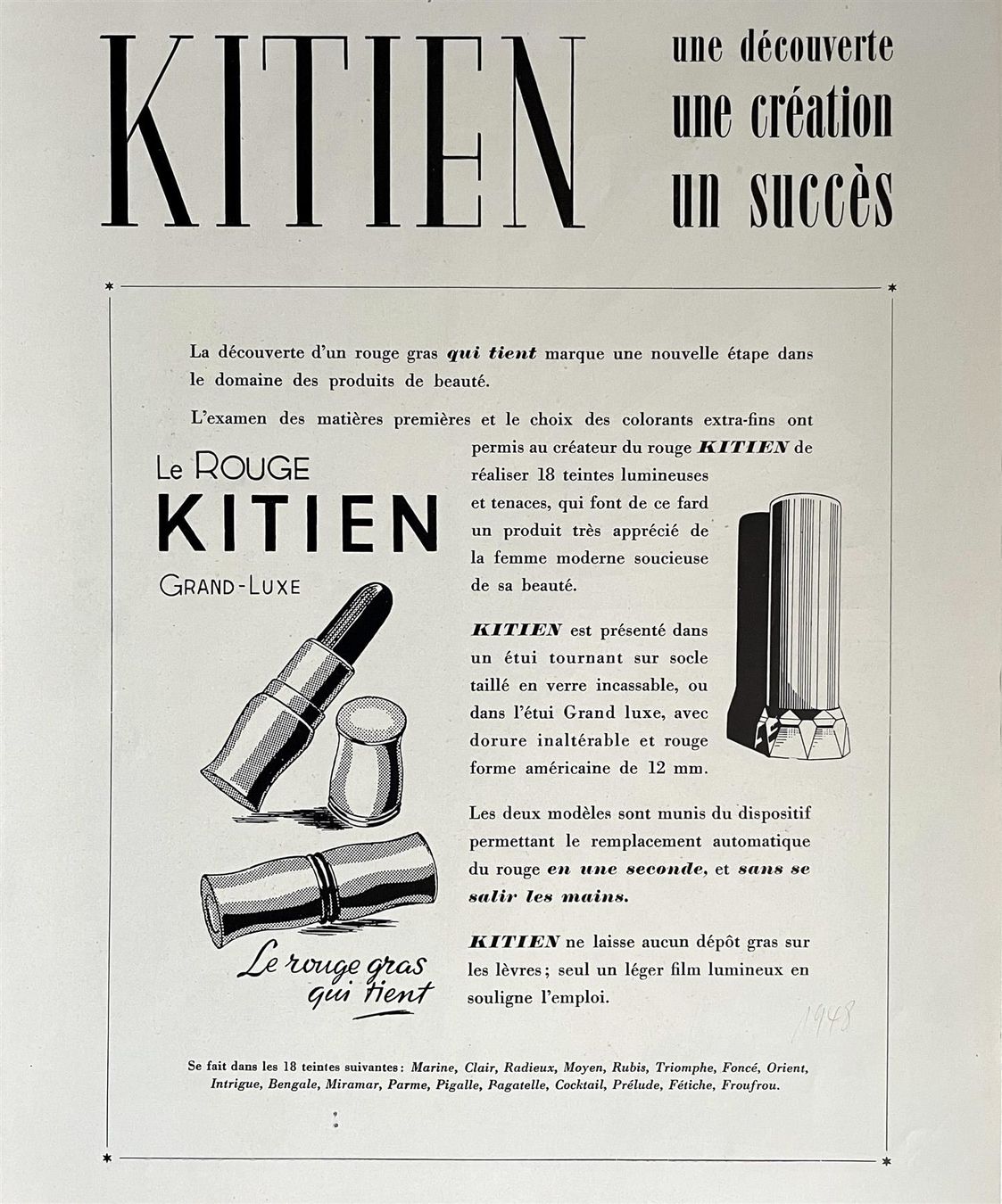 Kitien Lippenstift - Alte Werbung/Publicité 1948 (Gebraucht) in ...