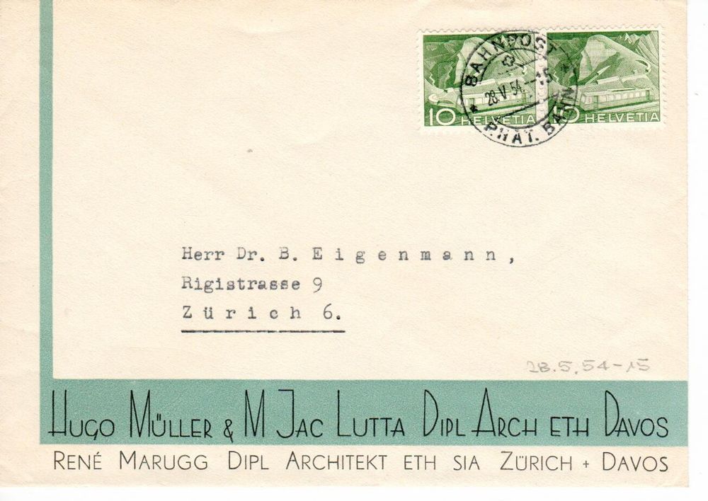 Brief, Bahnpost Rhät. Bahn 1954 - Davos (Gebraucht) in Wolhusen für CHF ...