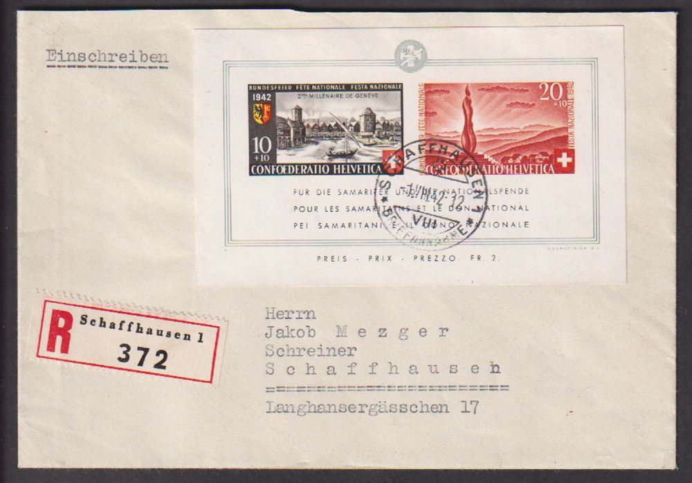 1942, R-Brief mit PP Block II, ⨀ Schaffhausen 1.VIII.42 (Gebraucht) in Reinach BL für CHF 30 ...