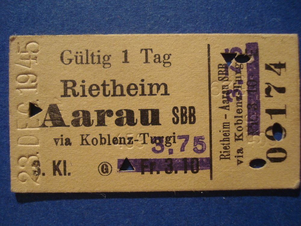 SBB - 23.12.1945 - RIETHEIM - AARAU SBB - 3.Klasse (Gebraucht) in Biel/Bienne für CHF 89 – mit ...