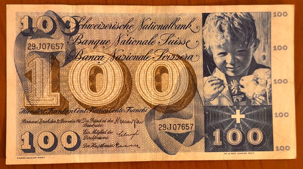 Banknote 100 Franken 21. Dezember 1961 (Gebraucht) in Andwil SG für CHF ...
