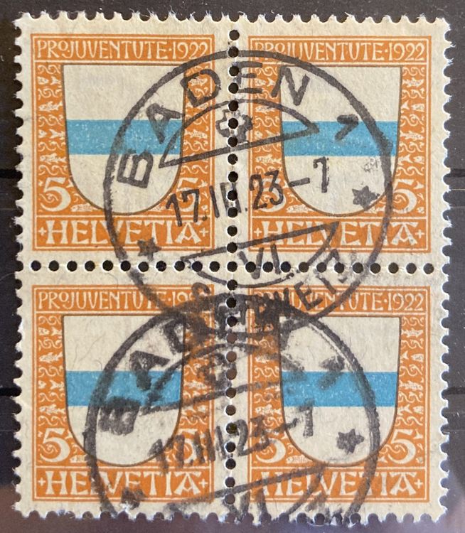 PJ 1922 J21 im Viererblock gestempelt, Mängel, SBK 60 Fr. (Gebraucht) in Flawil für CHF 5 – mit ...