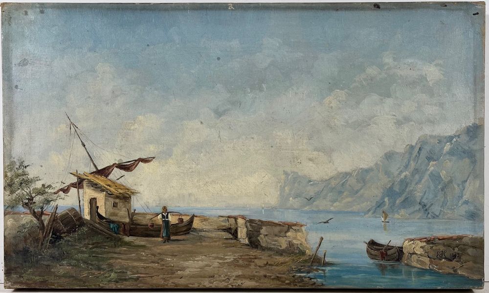 Antike Küsten Szene Gemälde mit eine Dame, Monogrammiert (Gebraucht) in Root für CHF 49 – mit ...