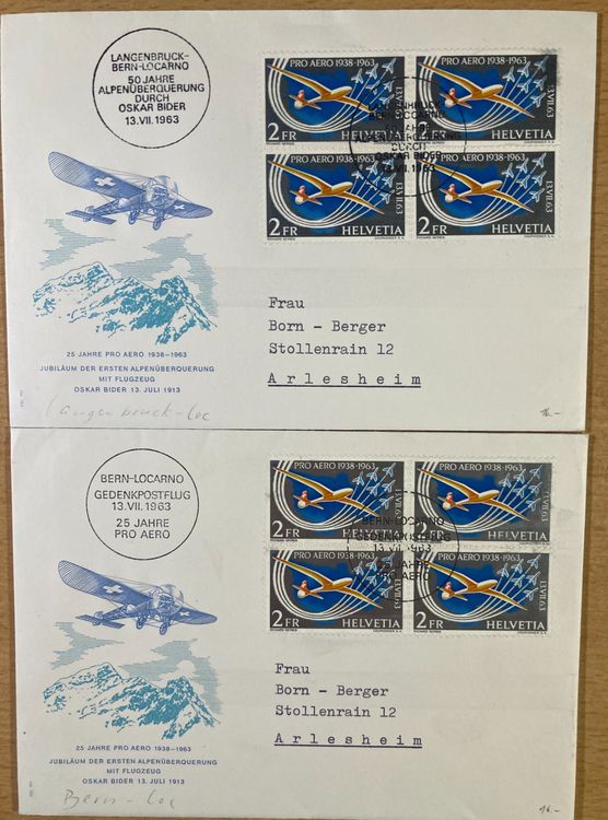2 Briefe 25 Jahre Pro Aero, 1963, Gedenkpostflüge, Flugpost (Gebraucht) in Ins für CHF 5 – mit ...