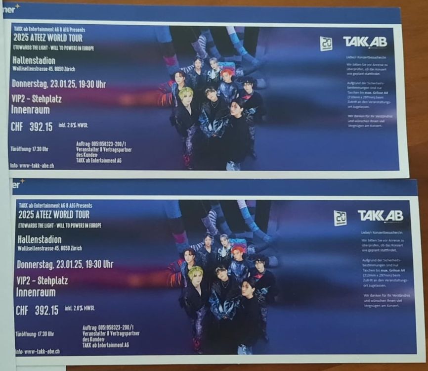 2 Tickets, Ateez VIP-Tickets 2, Zürich inkl Soundcheck! (Neu und ...