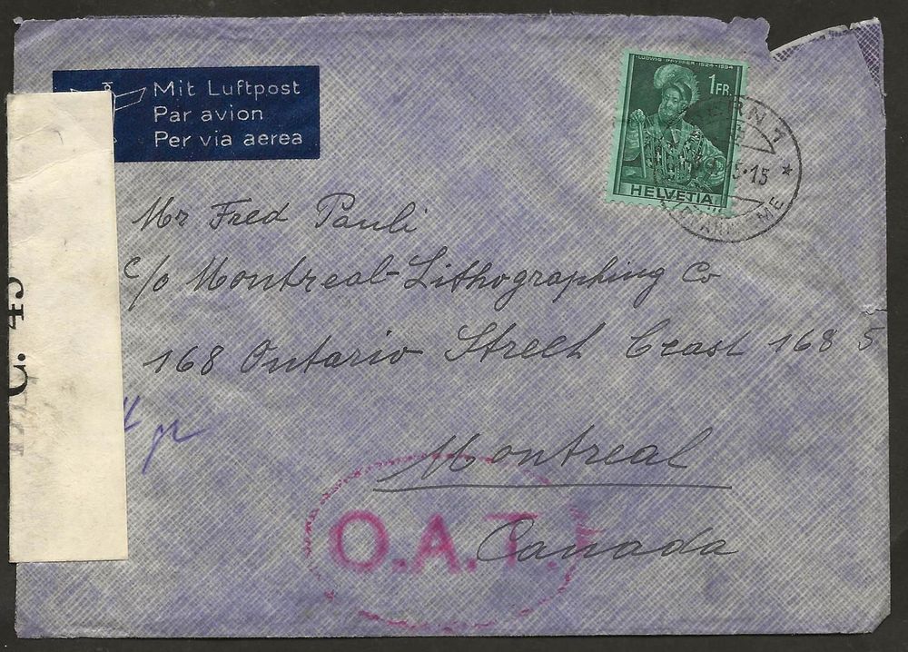 Flugpost Schweiz 1945 OAT Bern Kanada Luftpost Zensur | Kaufen auf Ricardo