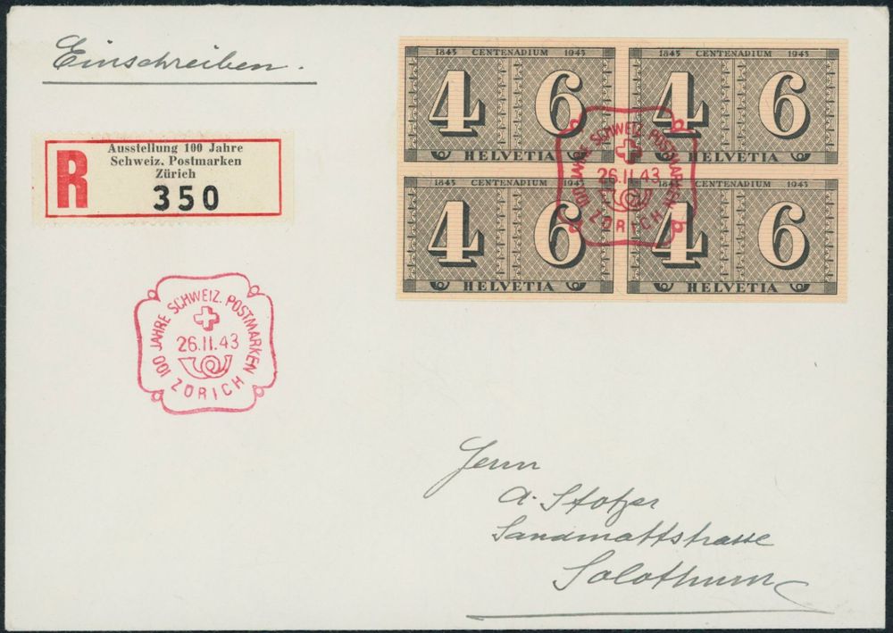 1943 Luxusbogen - Blockausschnitt - Viererblock - FDC U4 ET (Gebraucht) in Schindellegi für CHF ...