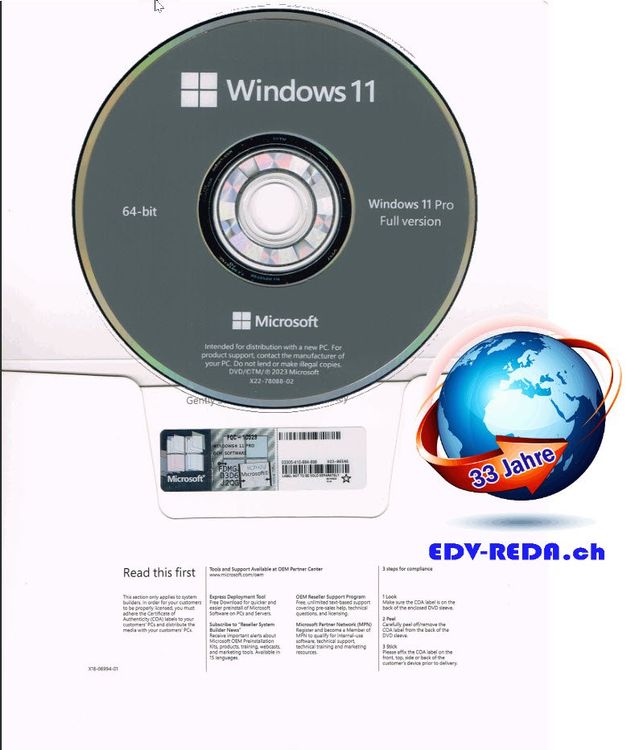 ORIGINAL WINDOWS 11 PRO OEM 64 BIT DVD inkl. COA-LIZENZ-Key (Neu ...