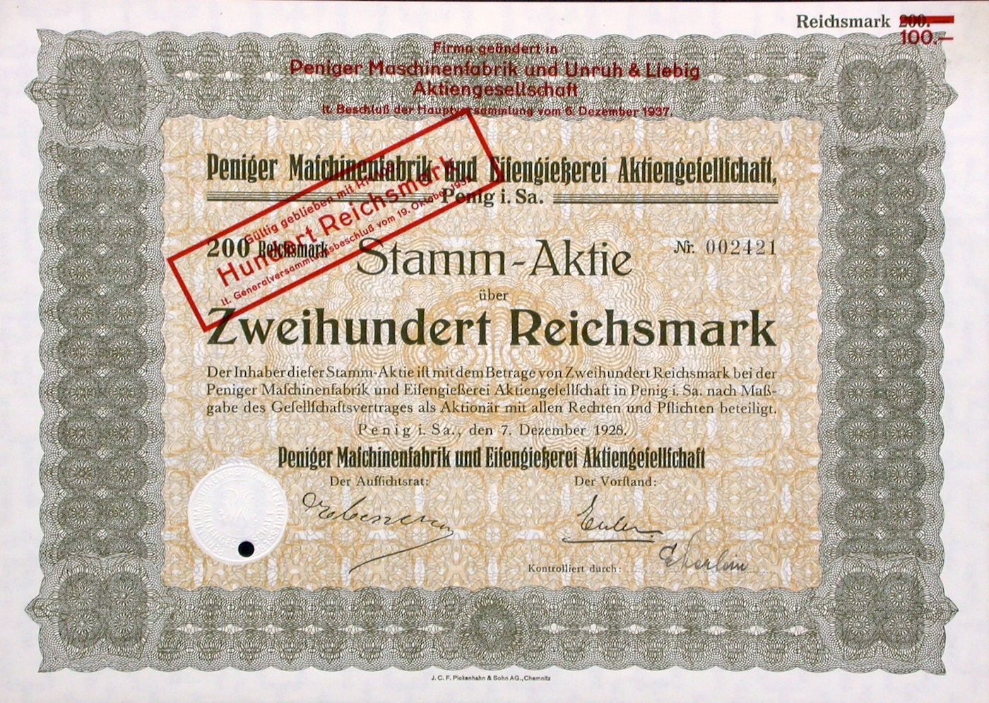 Peniger Maschinenfabrik und Eisengiesserei AG, Penig - 1928 (Gebraucht ...