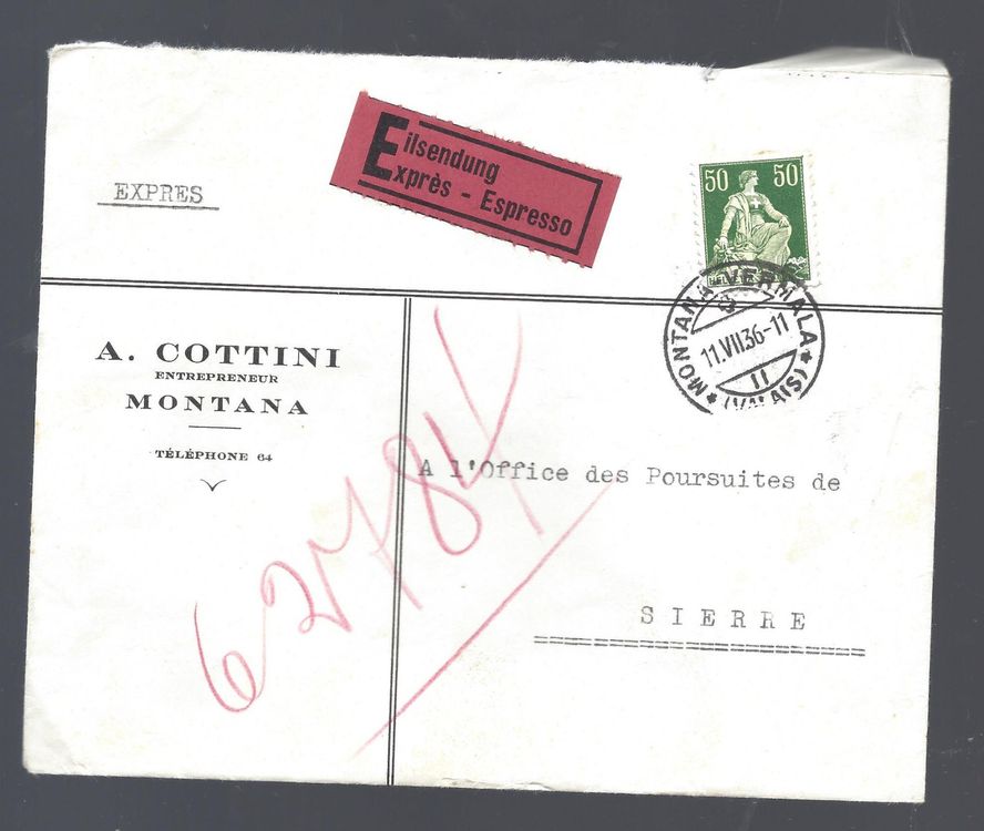 lettre Exprès MONTANA-VERMALA - SIERRE 1936 (Gebraucht) in Les Valettes ...