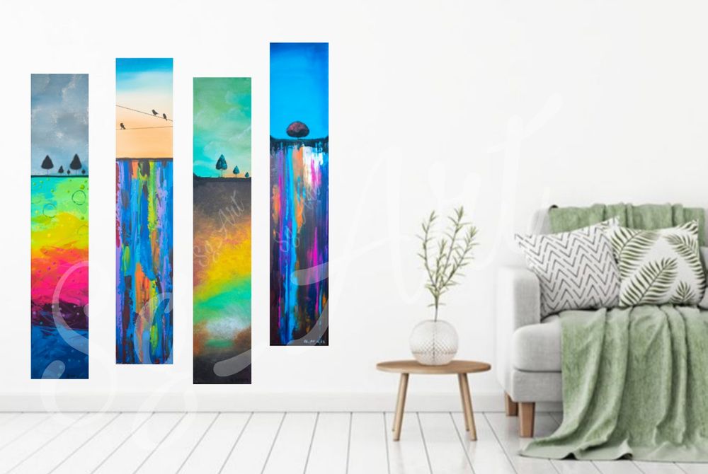 Set Acrylbild abstrakt Natur bunt 4teilig Bäume Vögel Unikat (Neu und originalverpackt) in ...