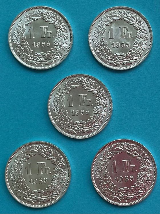 5 sehr schöne Schweizer Silber 1 Franken-Münzen von 1955 unz (Neu (gemäss Beschreibung)) in ...