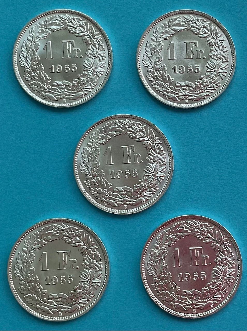 5 sehr schöne Schweizer Silber 1 Franken-Münzen von 1955 unz (Neu (gemäss Beschreibung)) in ...