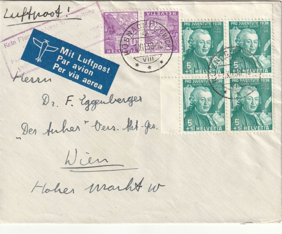 LuPo-Bedarfsbrief 1938 von Küsnacht nach Wien, selt. Stempel (Gebraucht ...